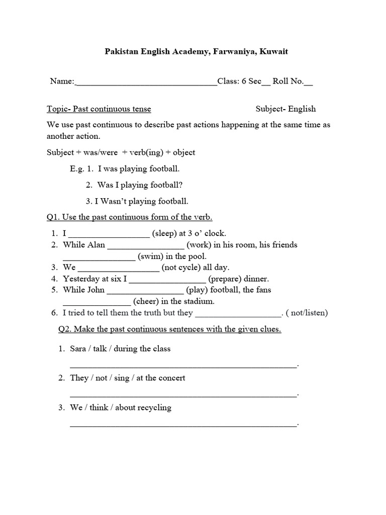 Past Continuous Tense Worksheet | PDF