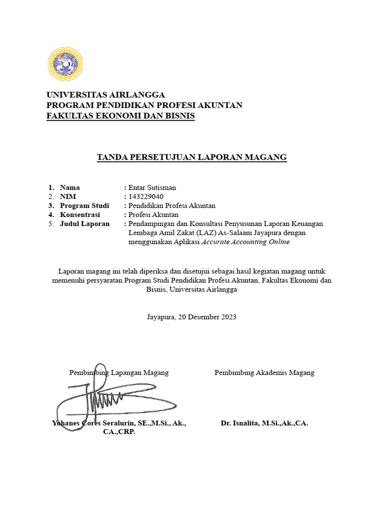 Lembar Persetujuan Laporan Magang DPL | PDF