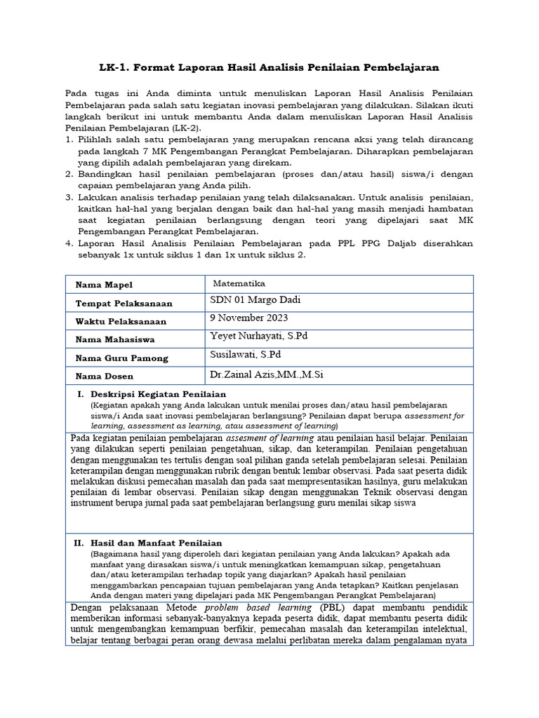 Format Hasil Asesmen Pembelajaran - Yeyet Nurhayati | PDF