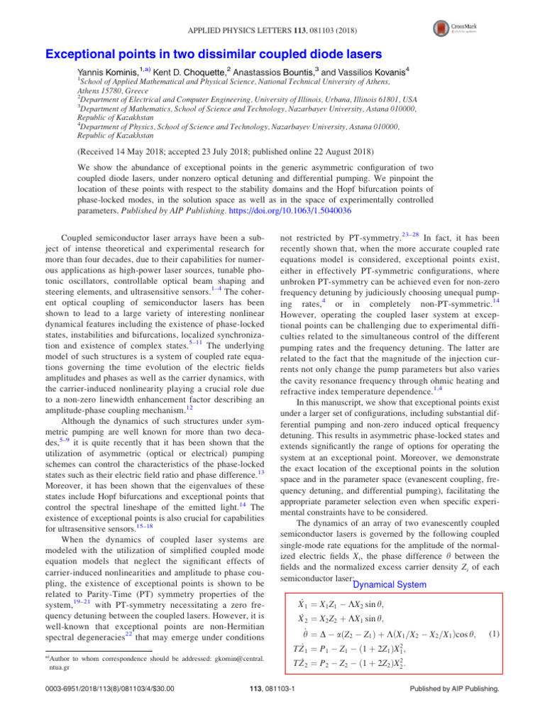 2018 - APL - Exceptional Points in Two Dissimilar Coupled Diode Lasers | PDF | Laser | Applied ...