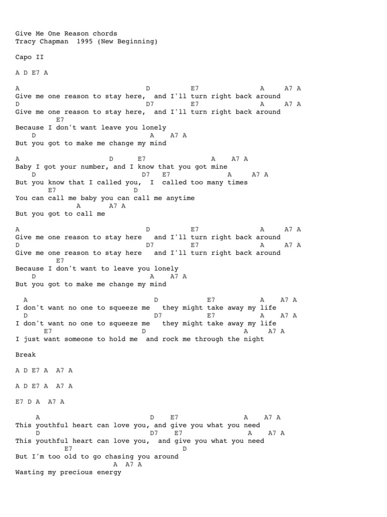 Give Me One Reason Chords & Lyrics | PDF