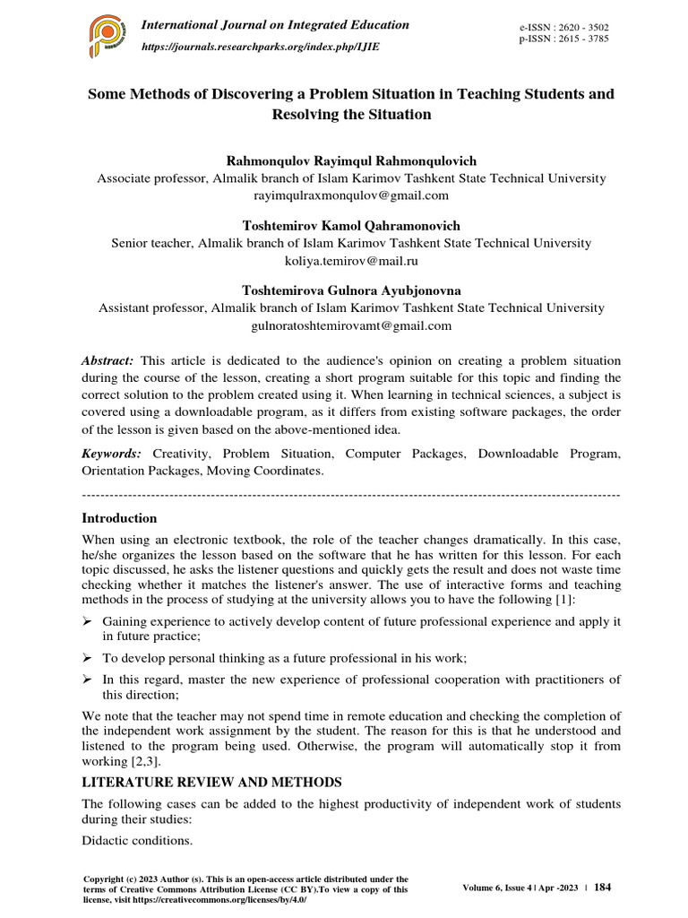 Some Methods of Discovering A Problem Situation in Teaching Students ...