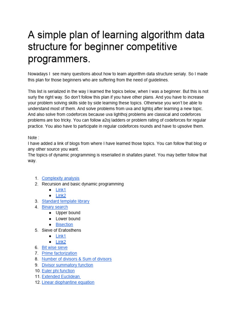 A Simple Plan of Learning Algorithm Data Structure For Beginner Competitive Programmers | PDF