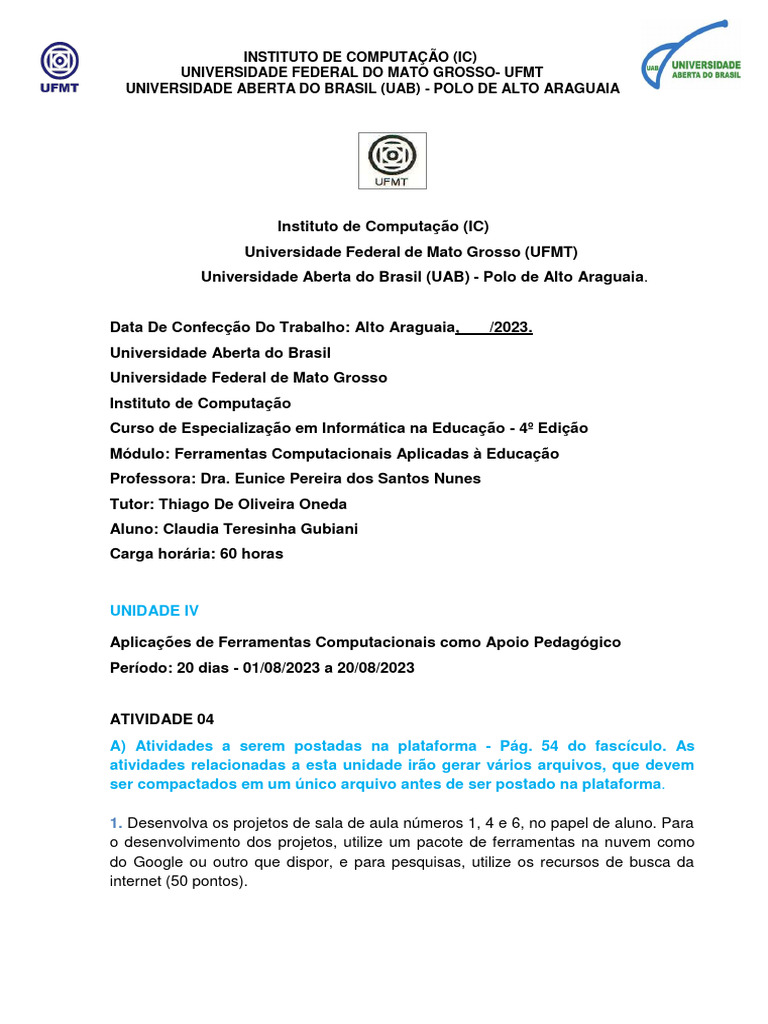 Atividade 04 Claudia Gubiani | PDF | Pedagogia | Interdisciplinaridade