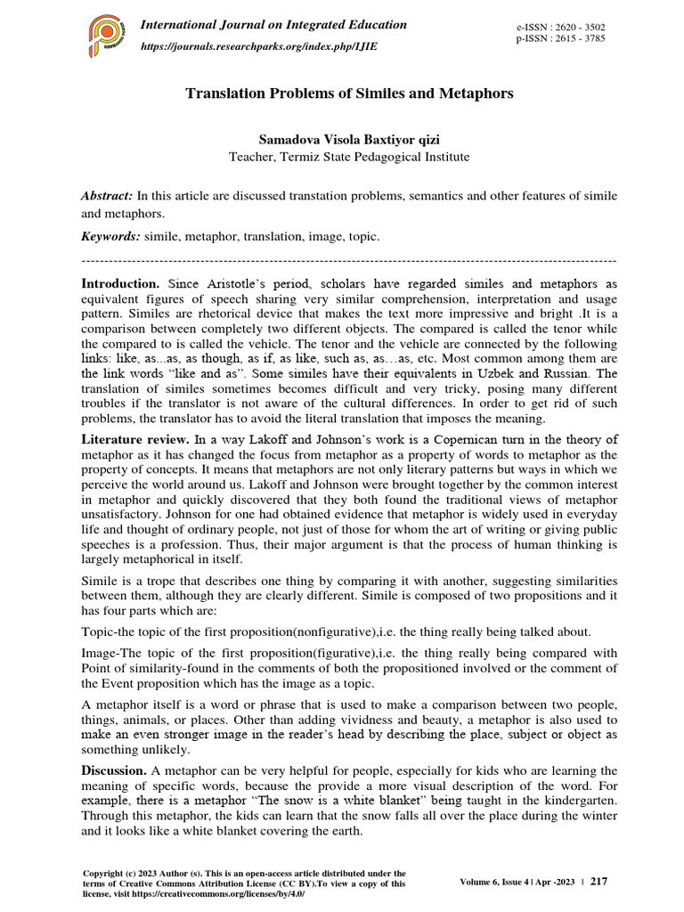 Translation Problems of Similes and Metaphors | PDF