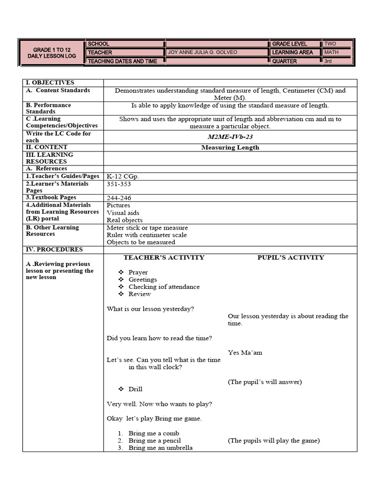 Lesson Plan 4 Demo Math 2 | PDF | Metre | Teachers