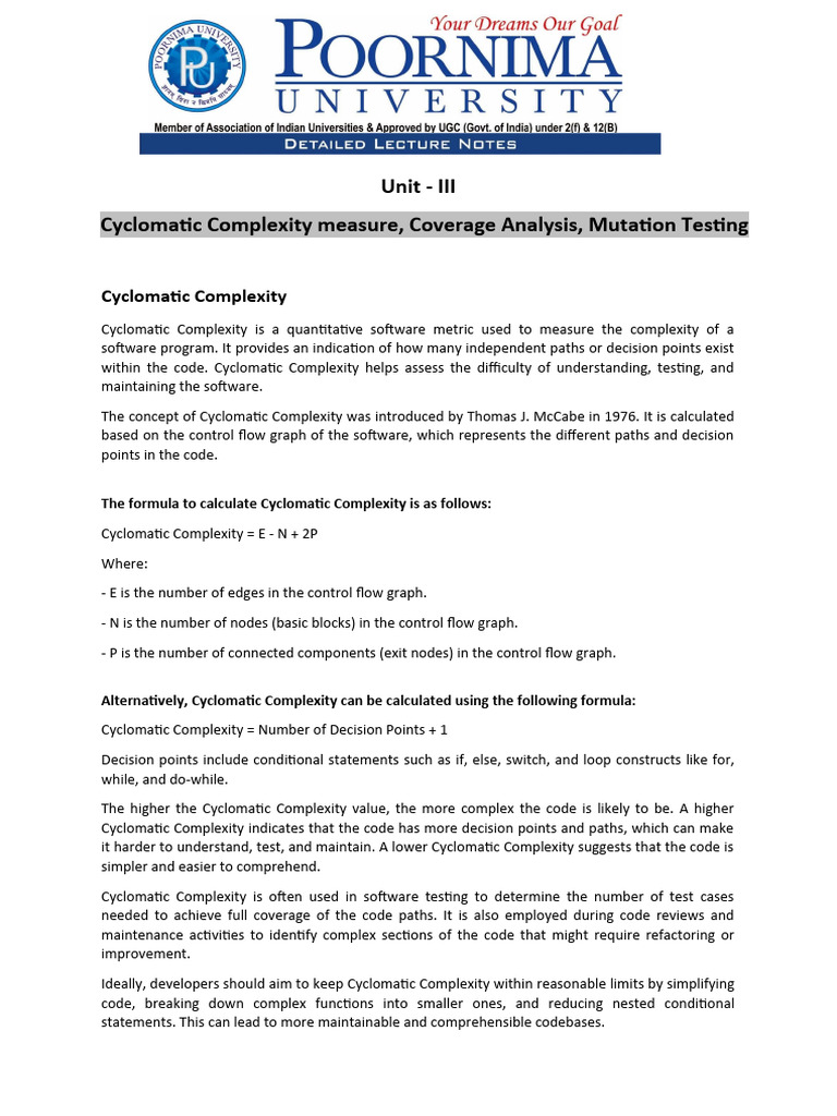 Unit - III Cyclomatic Complexity Measure, Coverage Analysis, Mutation ...