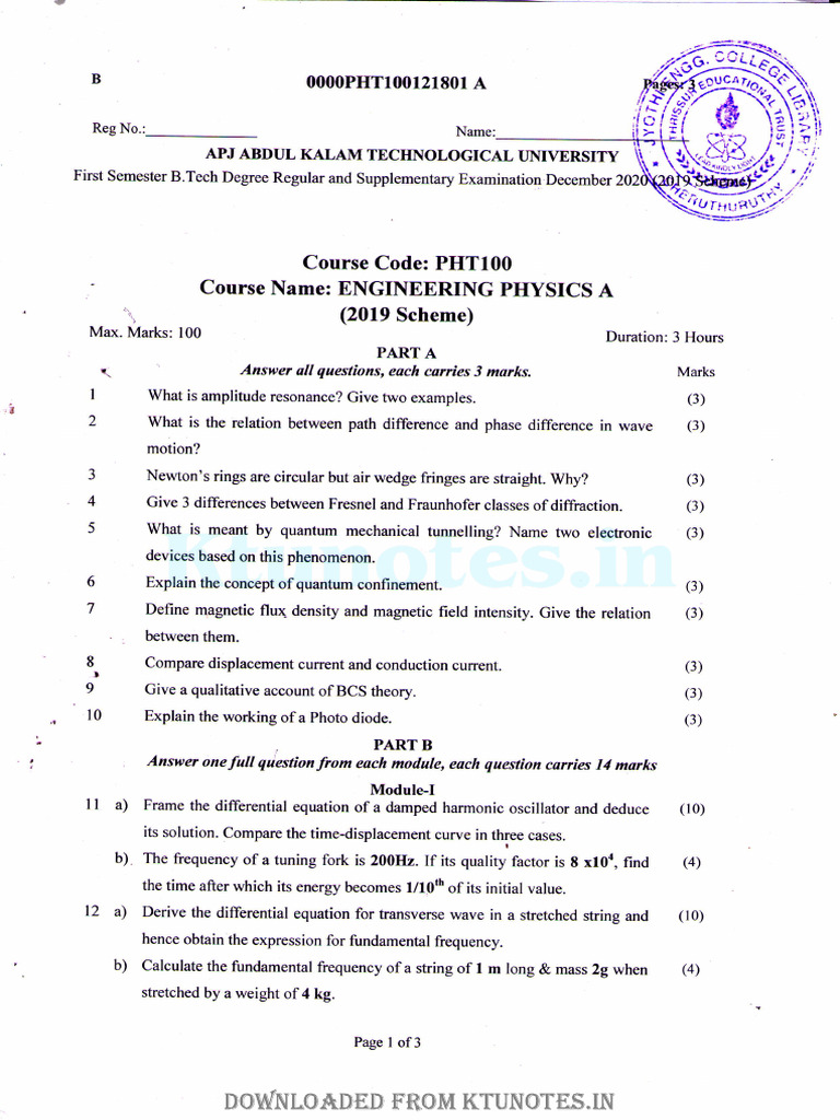(PHT100) Phy A, Dec 2020 | PDF | Diffraction | Waves