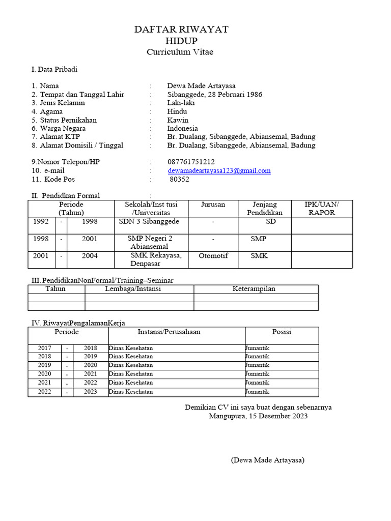 CV Jumantik Dewa Made Artayasa | PDF
