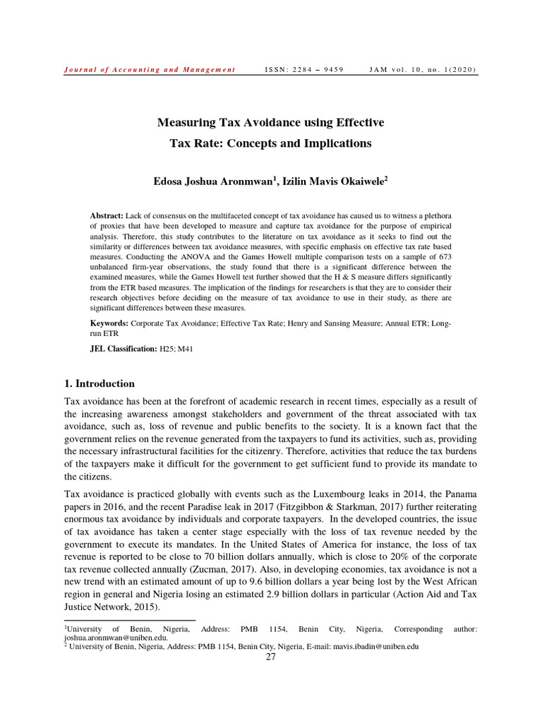 Measuring Tax Avoidance Using Effective Tax Rate Concepts and ...