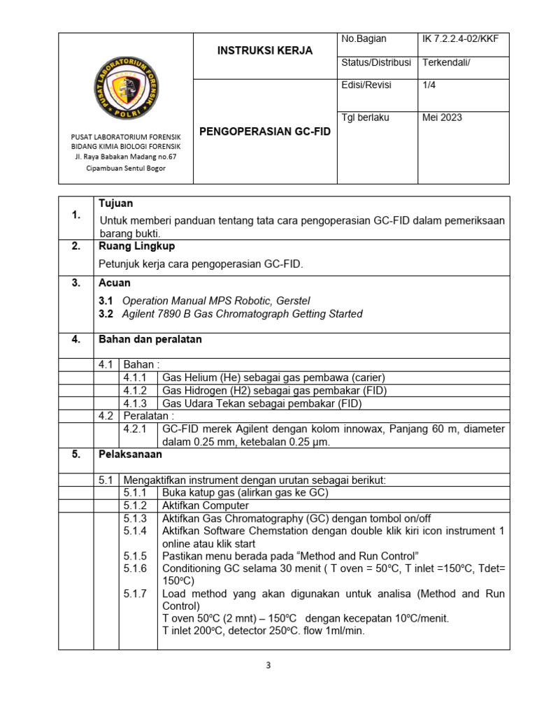 IK 7.2.2.4-02 KKF Pengoperasian GC FID | PDF | Sains & Matematika | Teknologi & Rekayasa
