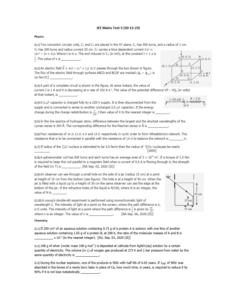 JEE Main Test-5 (Integer) | PDF | Equations | Physical Sciences