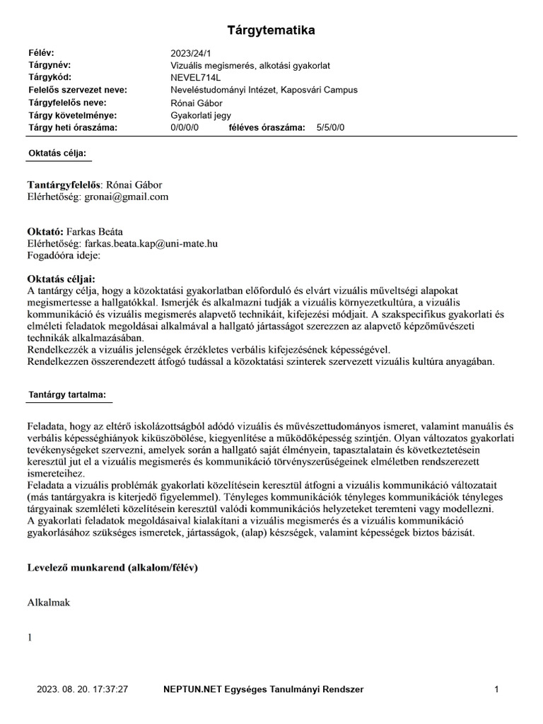 Vizuális Megismerés, Alkotási Gyakorlat | PDF