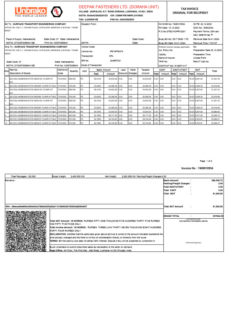Deepak Fasteners Ltd. (Doraha Unit) : Tax Invoice Original For ...