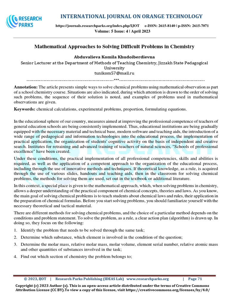 Mathematical Approaches To Solving Difficult Problems in Chemistry ...