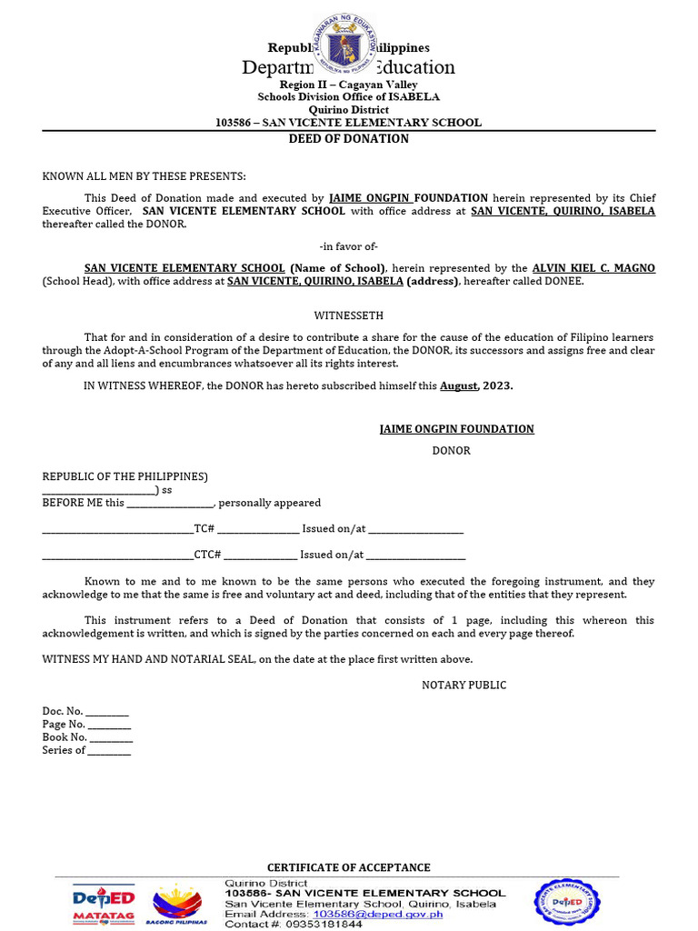 Sample Deed of Donation and Acceptance | PDF | Government | Property Law