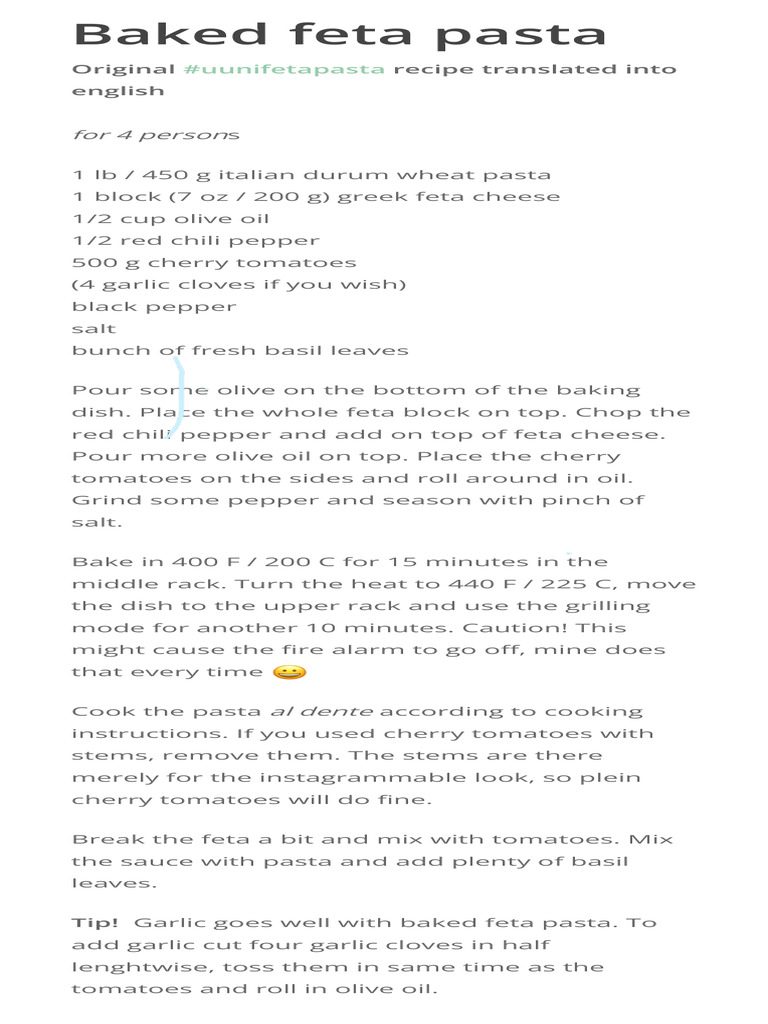 BAKED FETA PASTA - ORIGINAL RECIPE - Liemessä | PDF | Cooking | Food And Drink