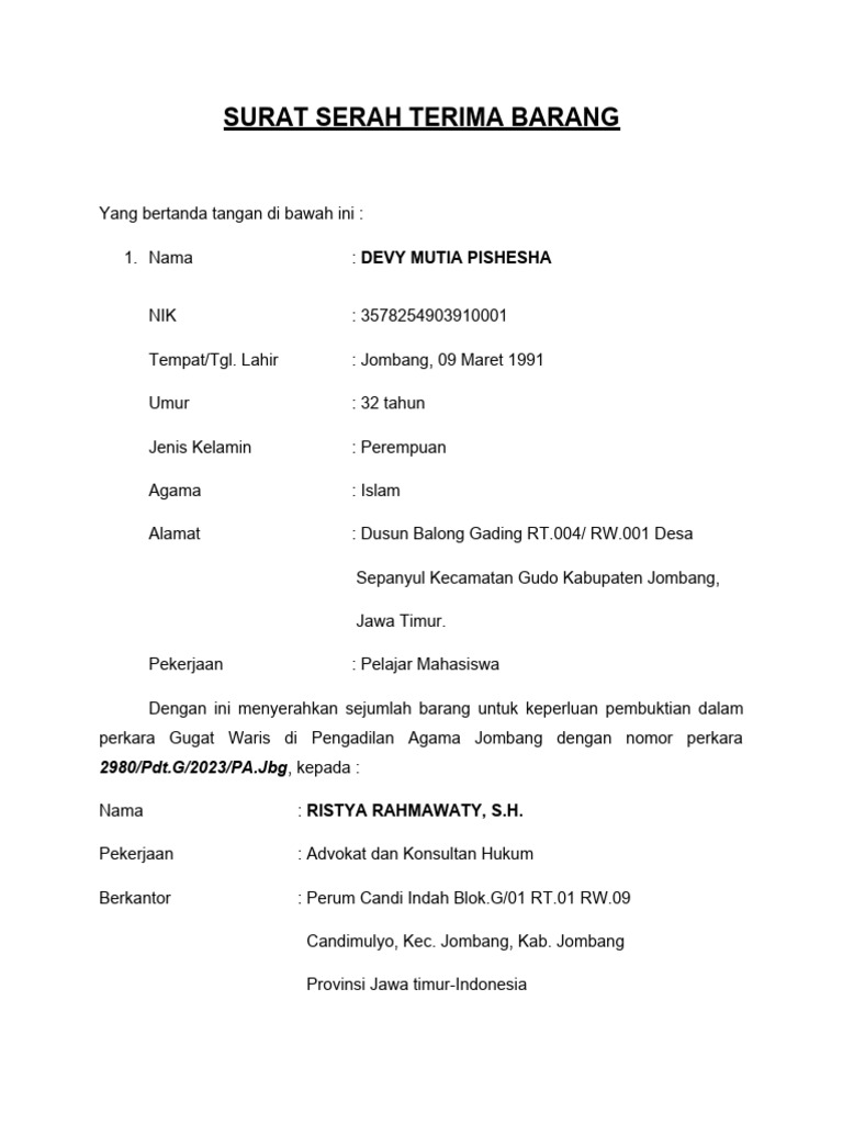 Surat Serah Terima Barang | PDF