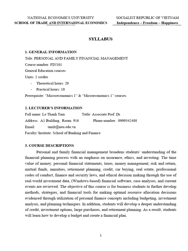 Personal and Family Finance Syllabus | PDF