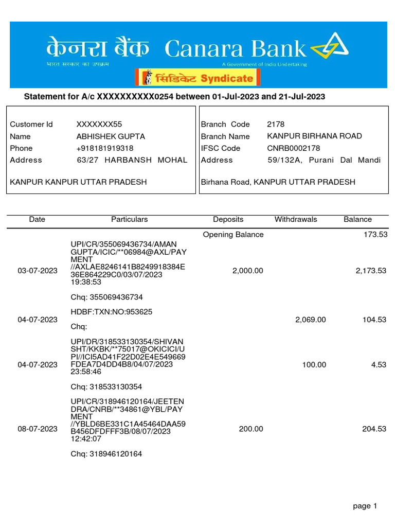 Canara Bank Account Statement Summary | PDF | Phishing | Cybercrime