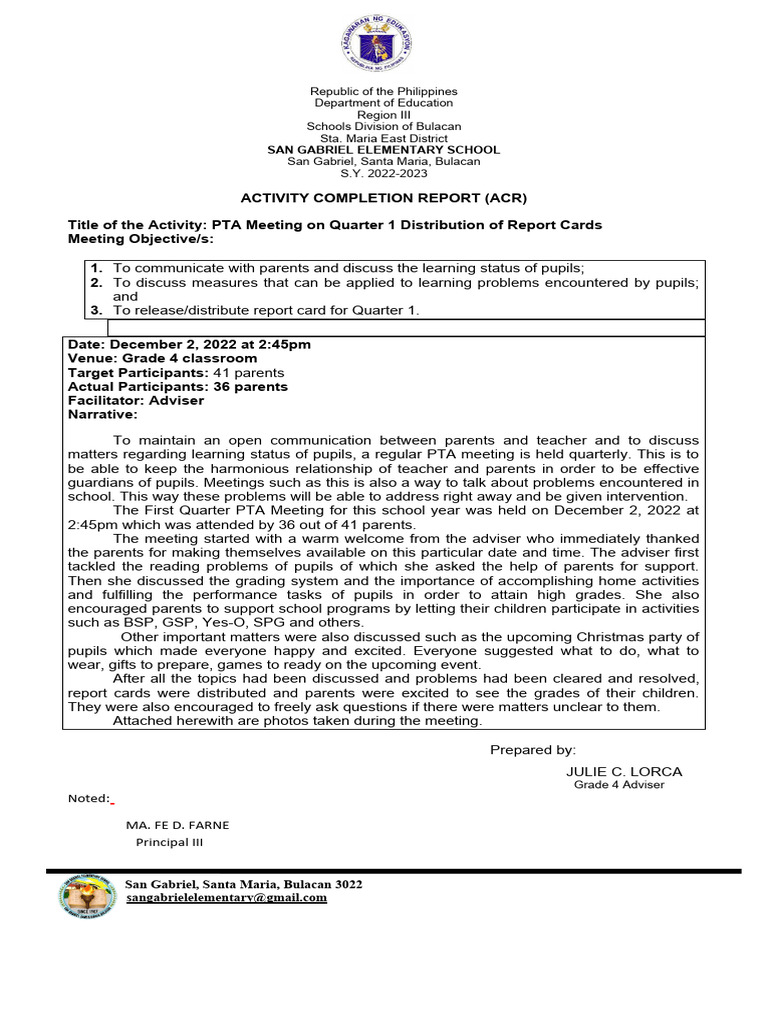PTA Meeting on 1st Quarter Report Cards | PDF | Teachers | Human ...