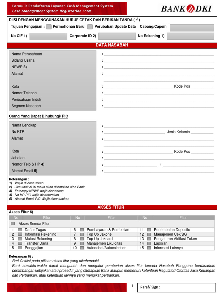 1-Form Pendaftaran Cash Management System Bank DKI | PDF