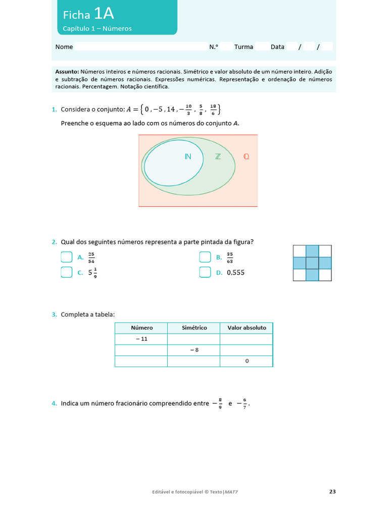 Fichas_1A_1B_Cap.1_Números | PDF | Matemática | Aritmética