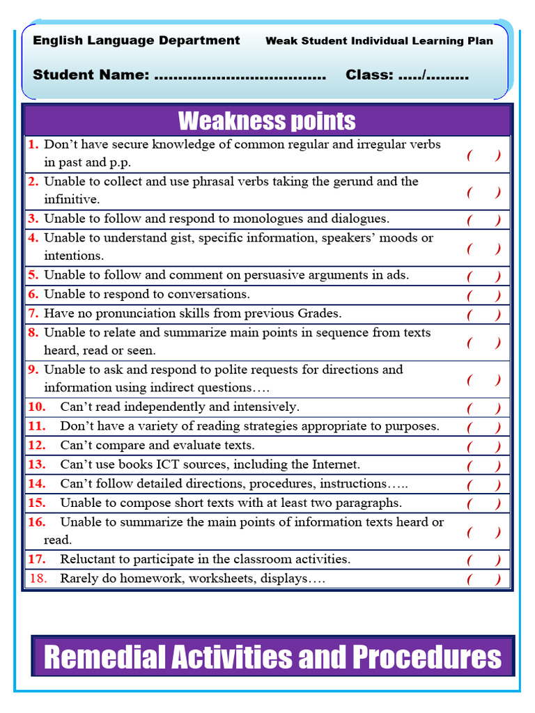Weak Student Individual Learning Plan | PDF