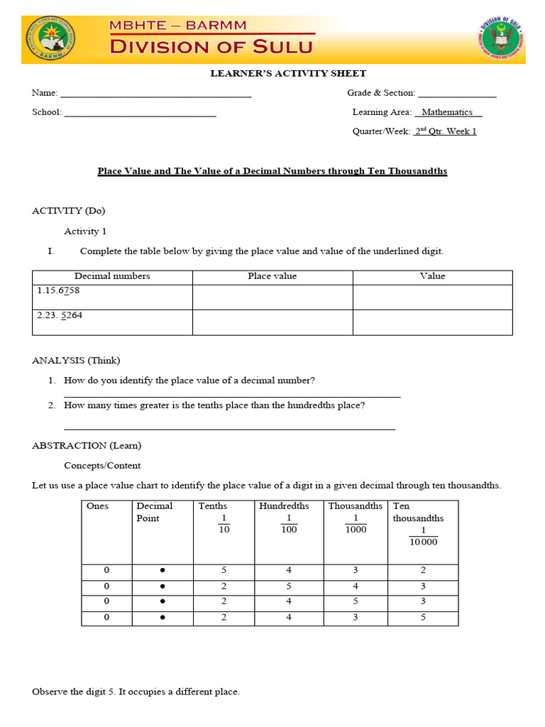 Sulu G5 MATH Q2 W1 008 | PDF | Numbers | Decimal