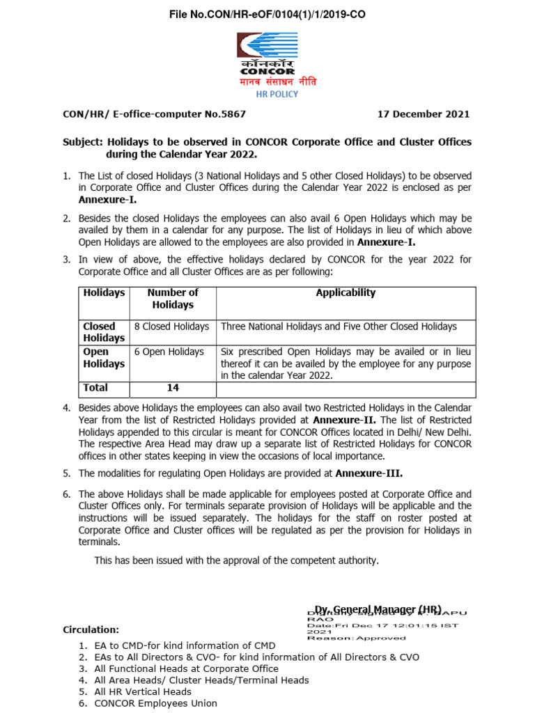 CONCOR Holidays Calendar 2022 | PDF | Holidays | South Asia