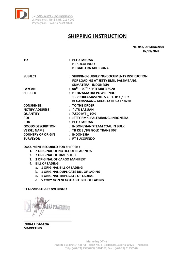 Shipping Instruction 047 DP-SI IX 2020 TB KR 5 BG GOLD TRANS 307 7.500 ...