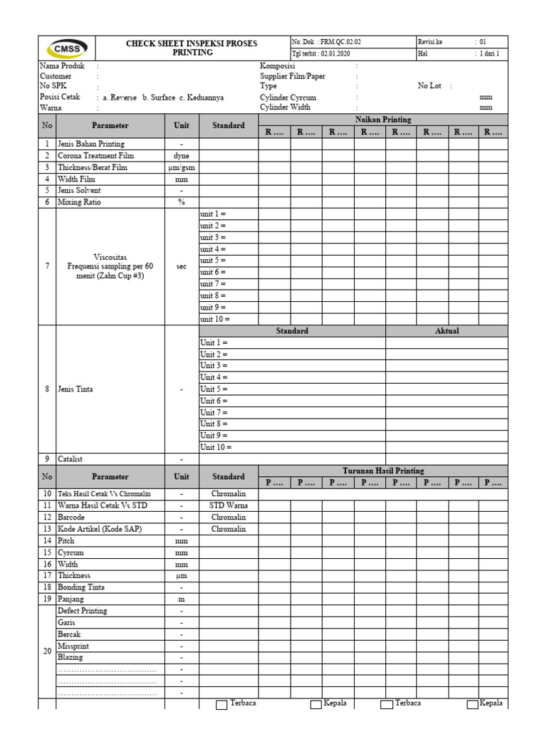 Check Sheet Inspeksi Printing New | PDF | Industrial Processes | Materials