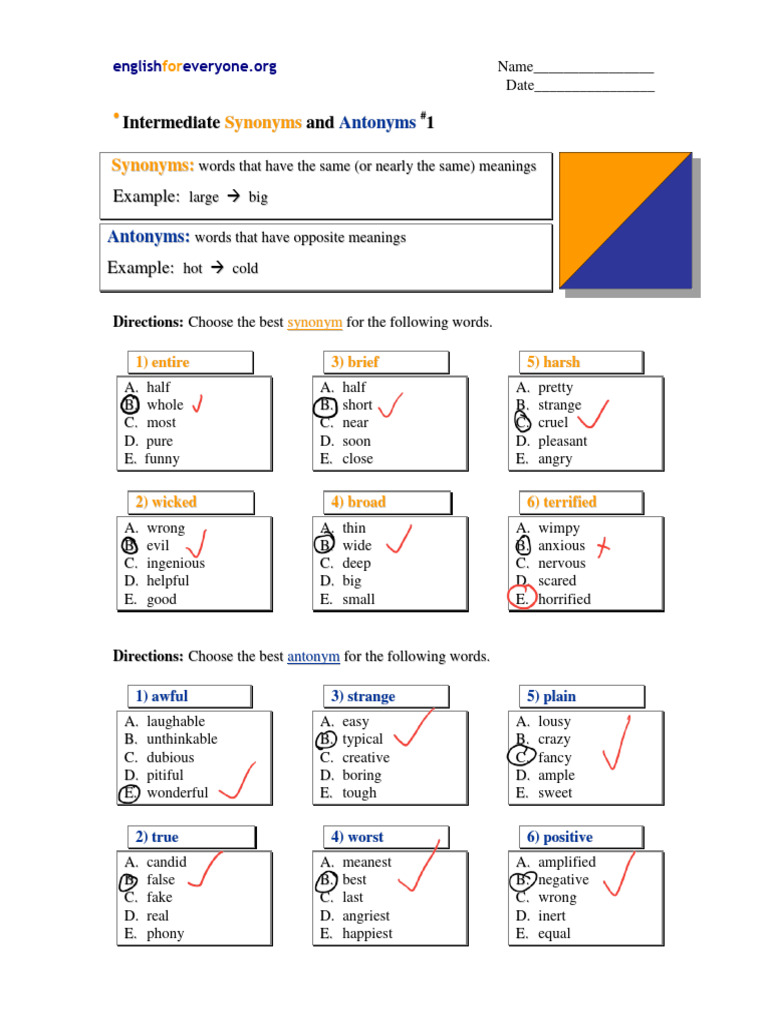 Intermediate Synonyms and Antonyms 1 | PDF