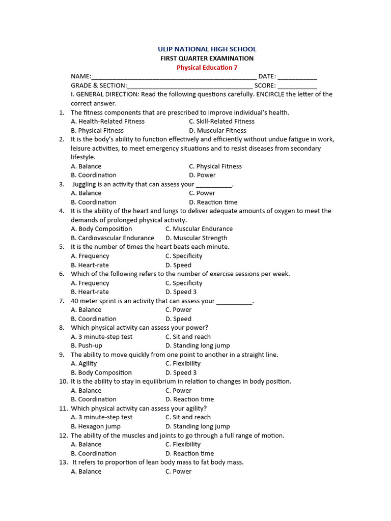 exam-p.e.-7 | PDF | Physical Fitness | Balance (Ability)