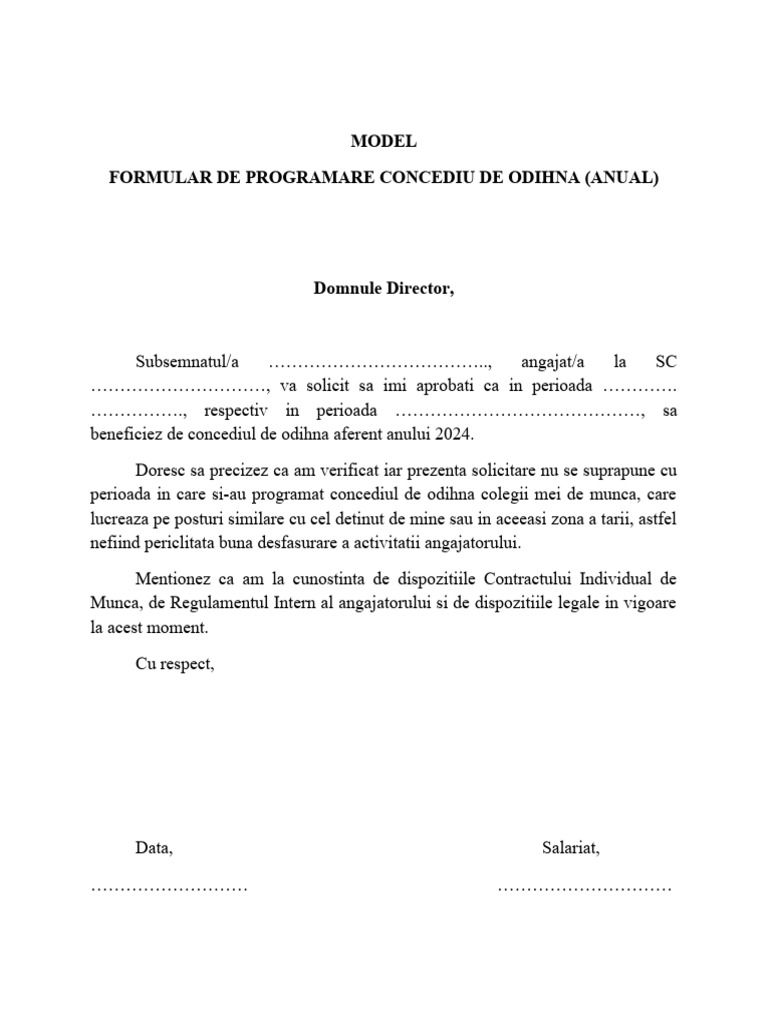 MODEL Concediu de Odihna Anual 2024 | PDF