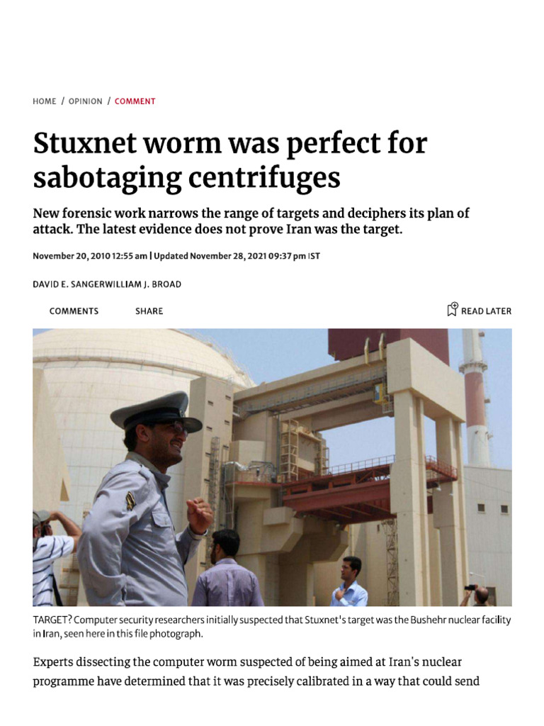 Stuxnet Worm Was Perfect For Sabotaging Centrifuges | PDF