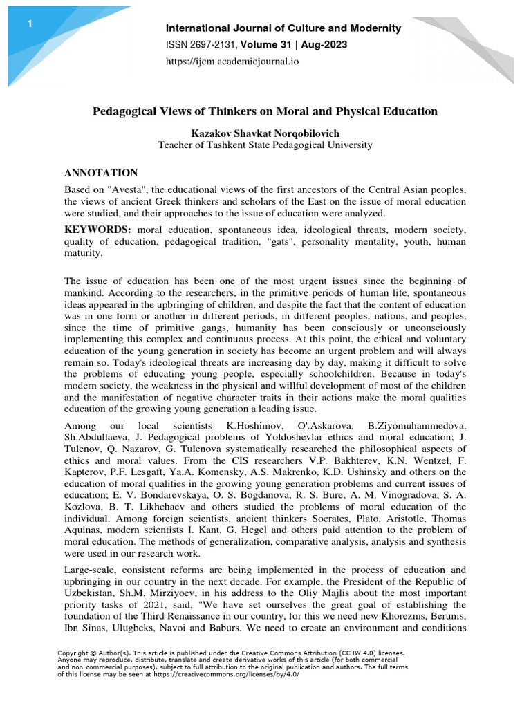 Pedagogical Views of Thinkers On Moral and Physical Education | PDF