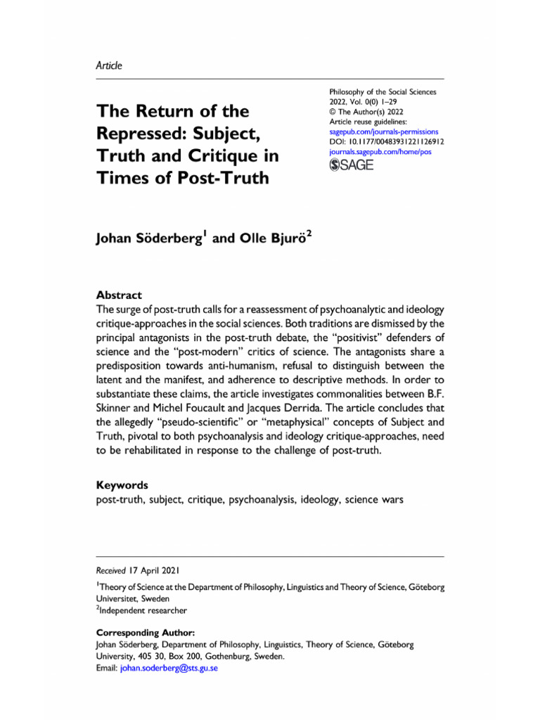 The Return of The Repressed Subject, Truth and Critique in Times of ...