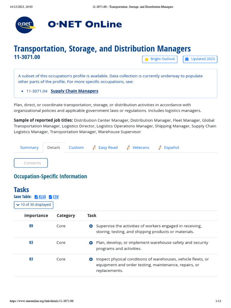 11-3071.00 - Transportation, Storage, and Distribution Managers | PDF ...