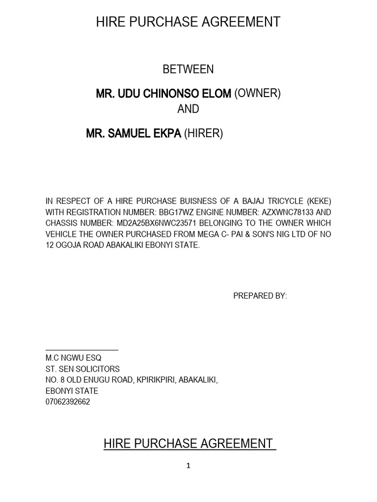 Keke Hire Purchase Agreement Sample | PDF | Justice | Crime & Violence