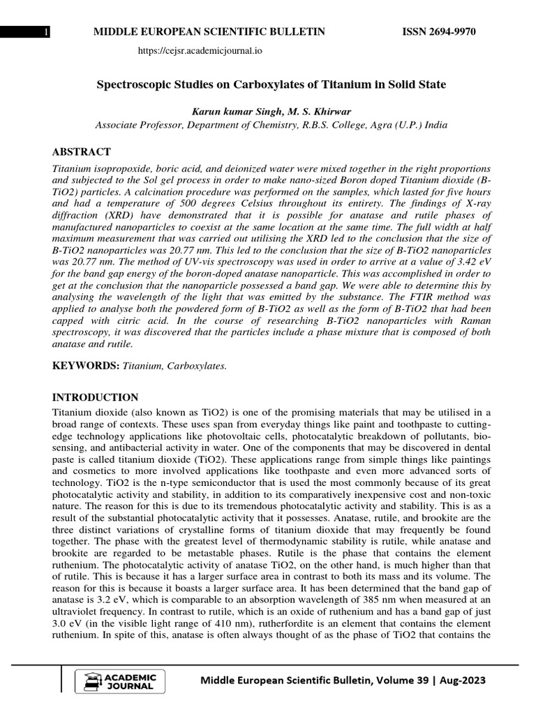 Spectroscopic Studies On Carboxylates of Titanium in Solid State | PDF ...