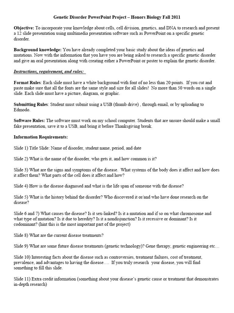 Honors Biology Genetic Project | PDF | Genetic Disorder | Genetics