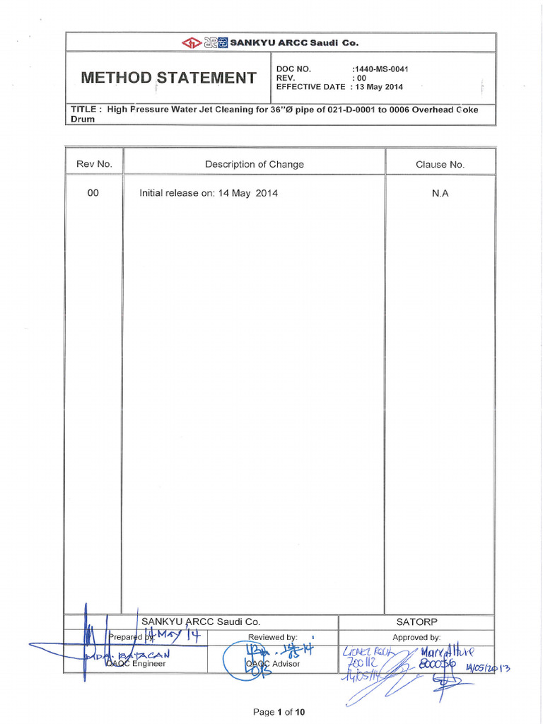 Methods Statement (Hydro-Jet Cleaning) | PDF