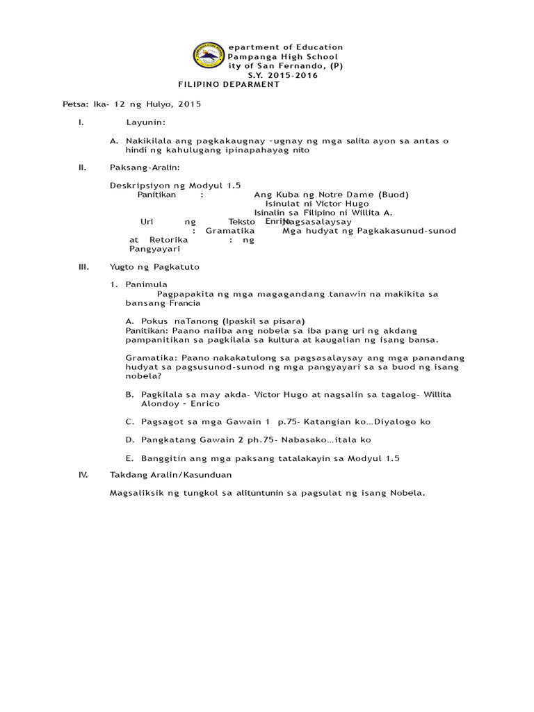 Banghay Aralin Ang Kuba NG Notre Dame Grade - 10 | PDF