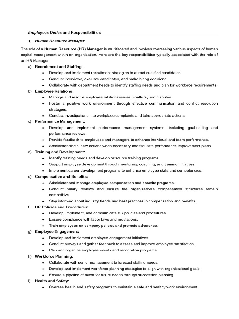 Employees Duties and Responsibilities ss | PDF | Human Resources ...