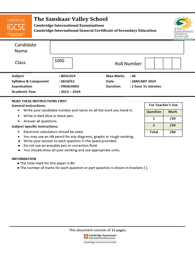 QP Biology PREBOARD IG Paper 6 2024 | PDF | Secondary Education ...