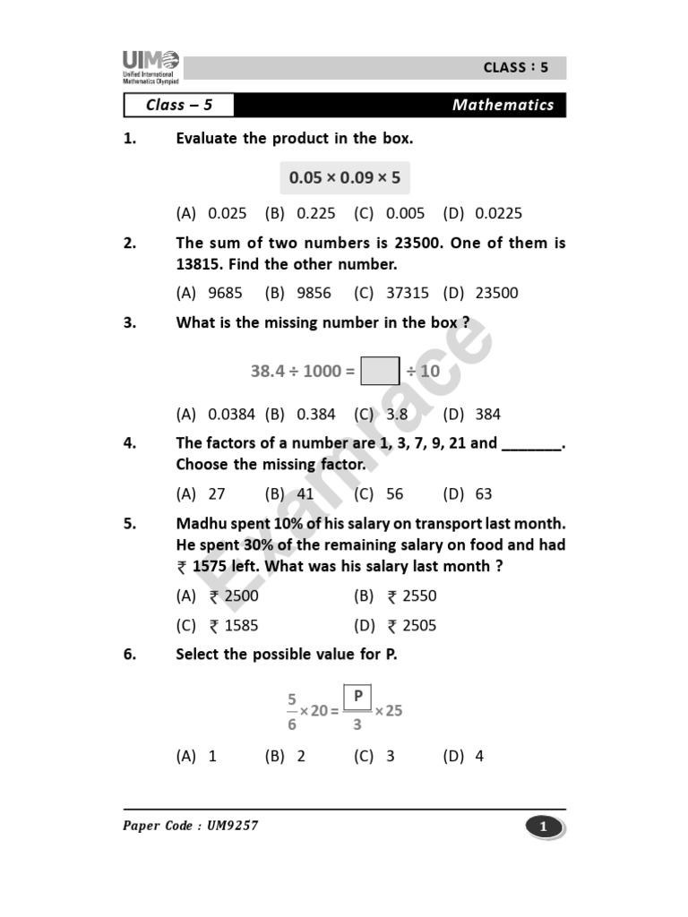 UIMO Class 5 Paper 2021 | PDF