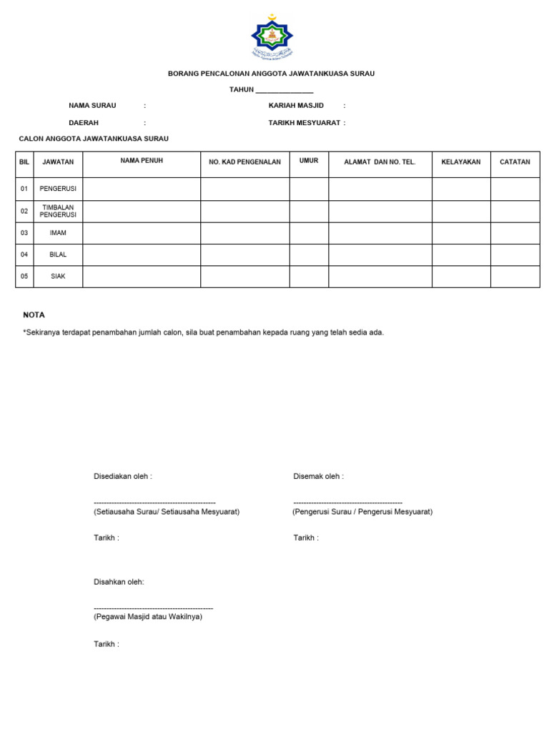 Borang Pencalonan Jk Surau Pdf