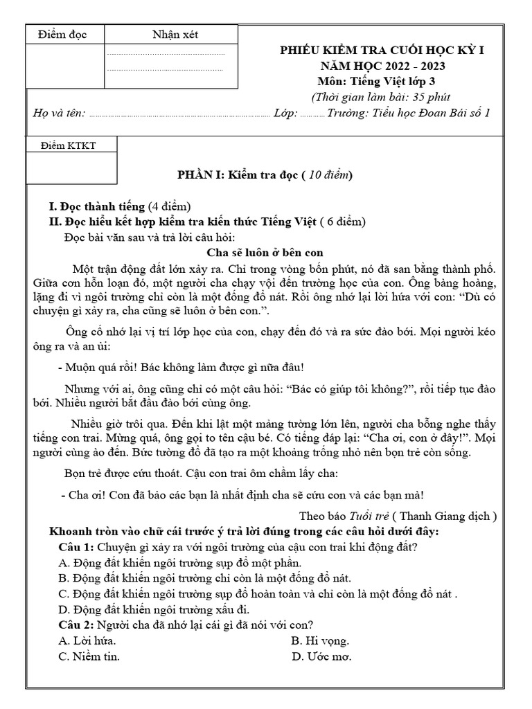 ĐỀ KT CUỐI HK1. MÔN TV3. THỦY | PDF