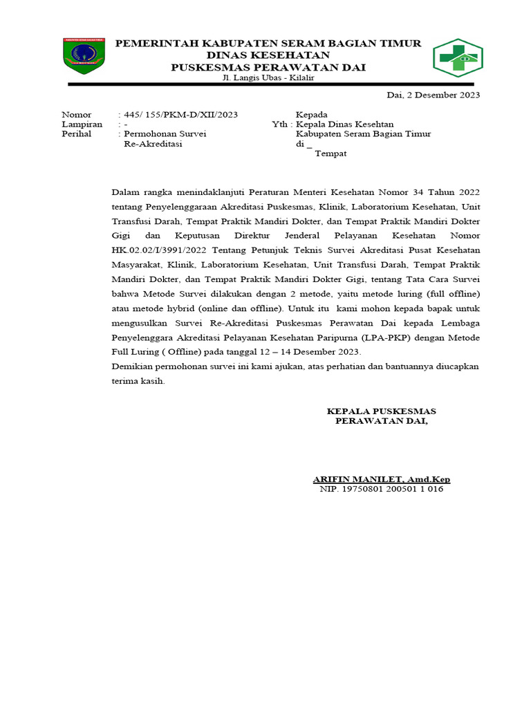 Surat Permohonan Survei - Puskesmas | PDF